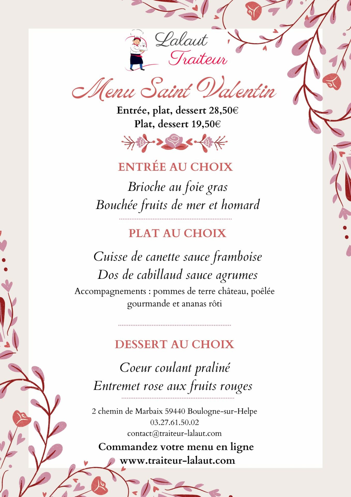 Menu Saint Valentin - Traiteur Lalaut